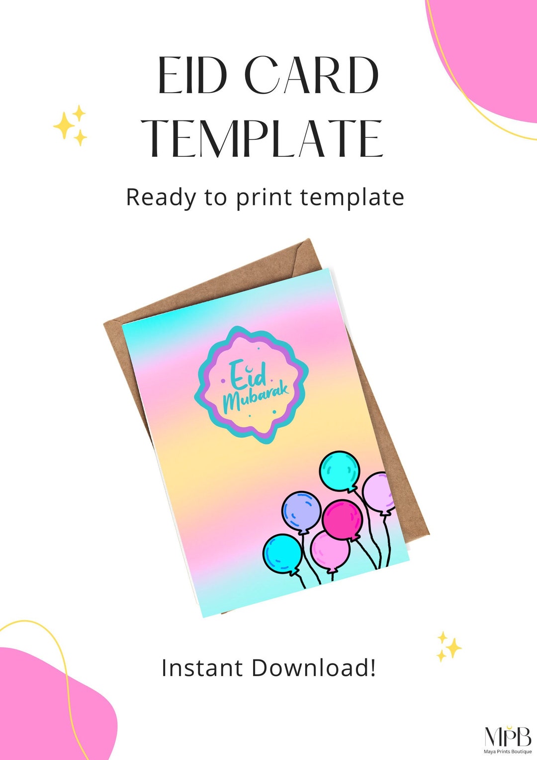 Eid Mubarak Card Printable Template, Eid Mubarak Balloons Card, Digital ...