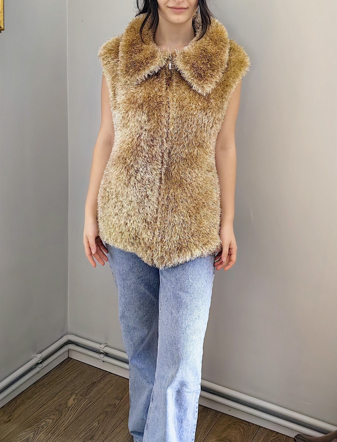 Handmade Fluffy Gold Vest, Soft and Cozy, Unique Womens Vest, Gift for ...