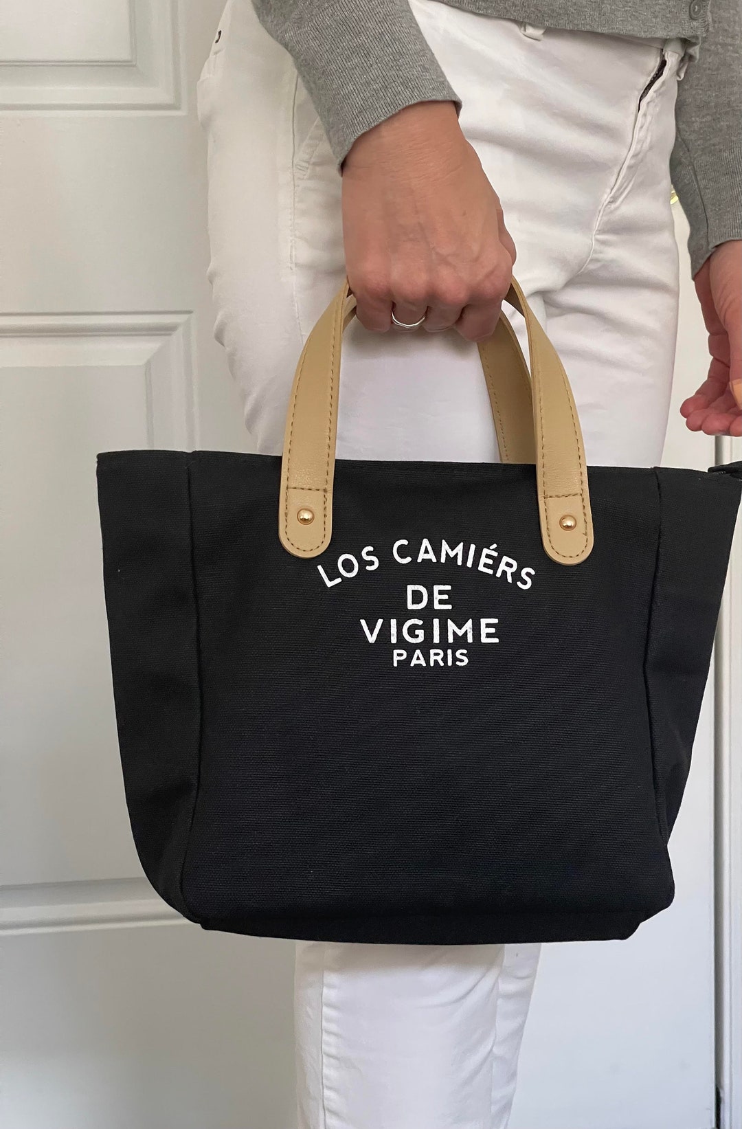 Small Canvas Tote Bag With Zipper and Vegan Leather Handles - Etsy