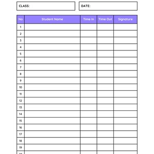 Minimalist White Purple Daily Attendance Printable Sheet Planner ...