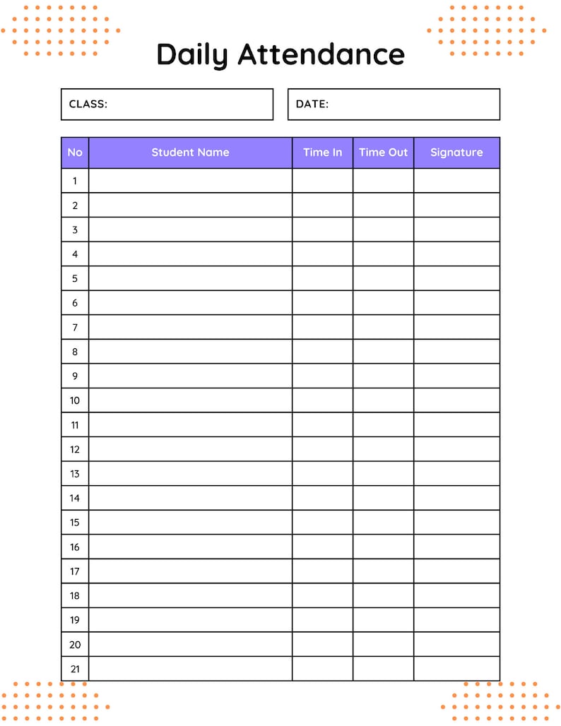 Minimalist White Purple Daily Attendance Printable Sheet Planner ...