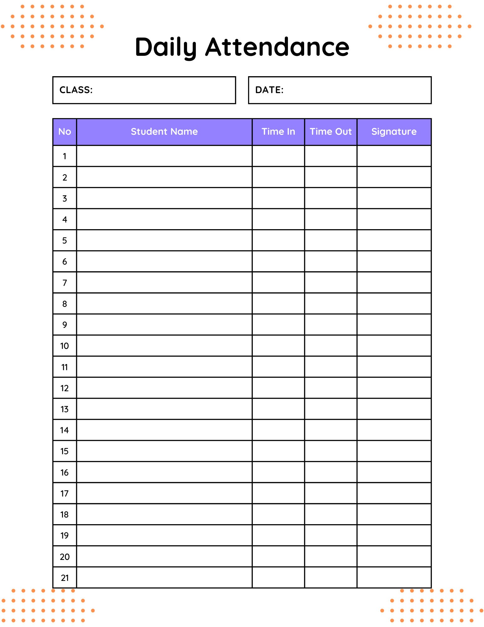 Minimalist White Purple Daily Attendance Printable Sheet Planner ...