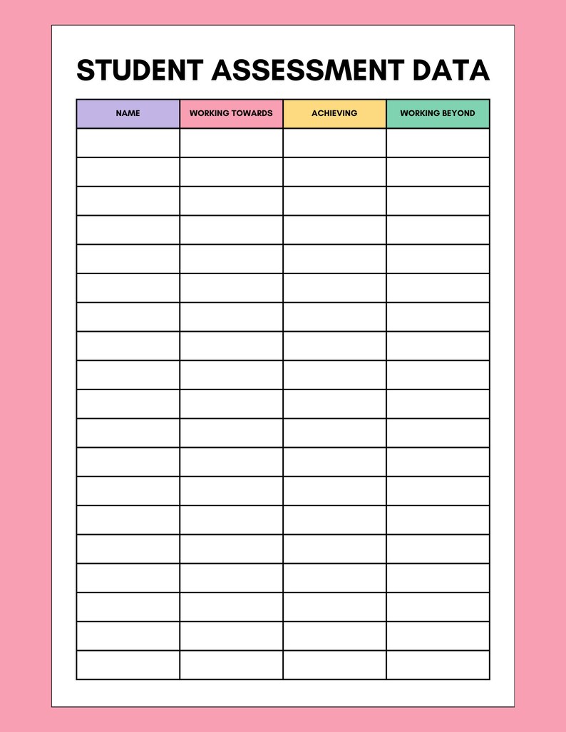 Colorful Assessment Data Worksheet Planner, Assessment Organization ...