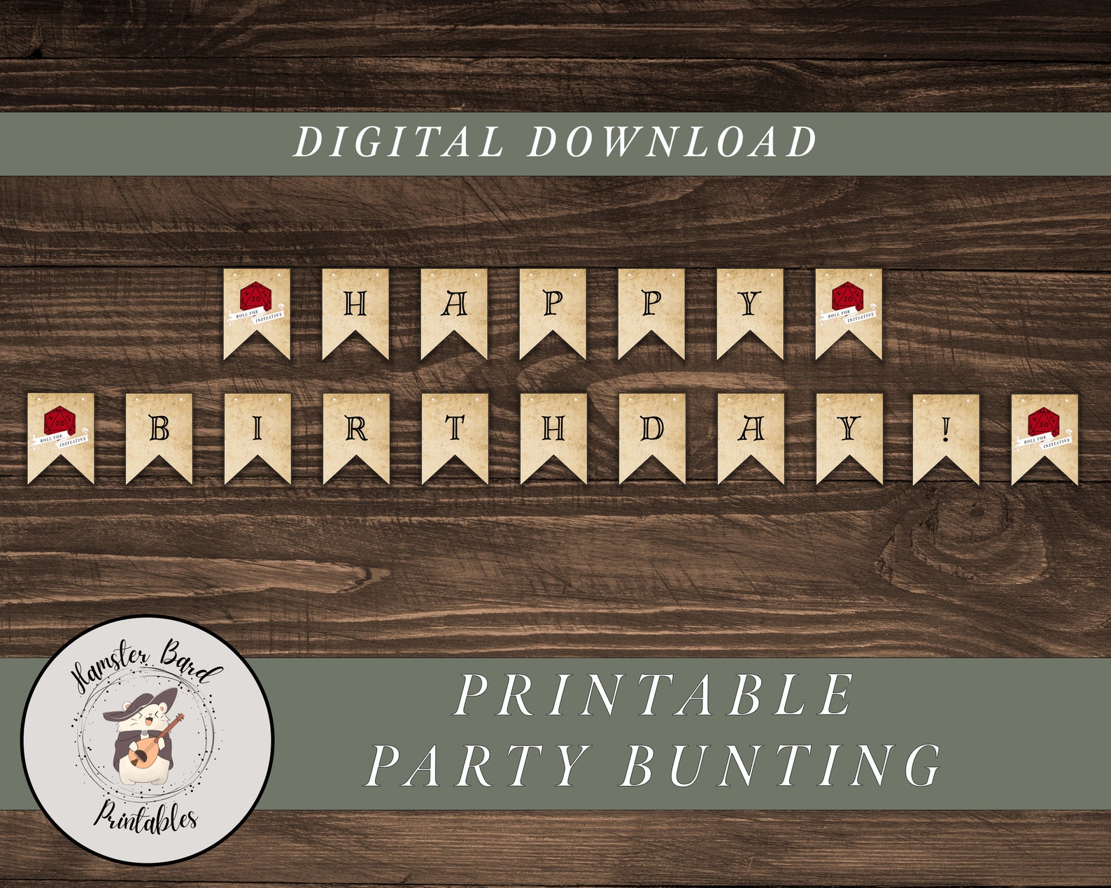 Rustic D20 Dungeons and Dragons Happy Birthday Bunting Banner Party ...