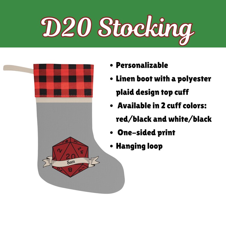 Personalized D20 Christmas Stocking: Rustic Burlap Plaid, Gamer Gift - Etsy