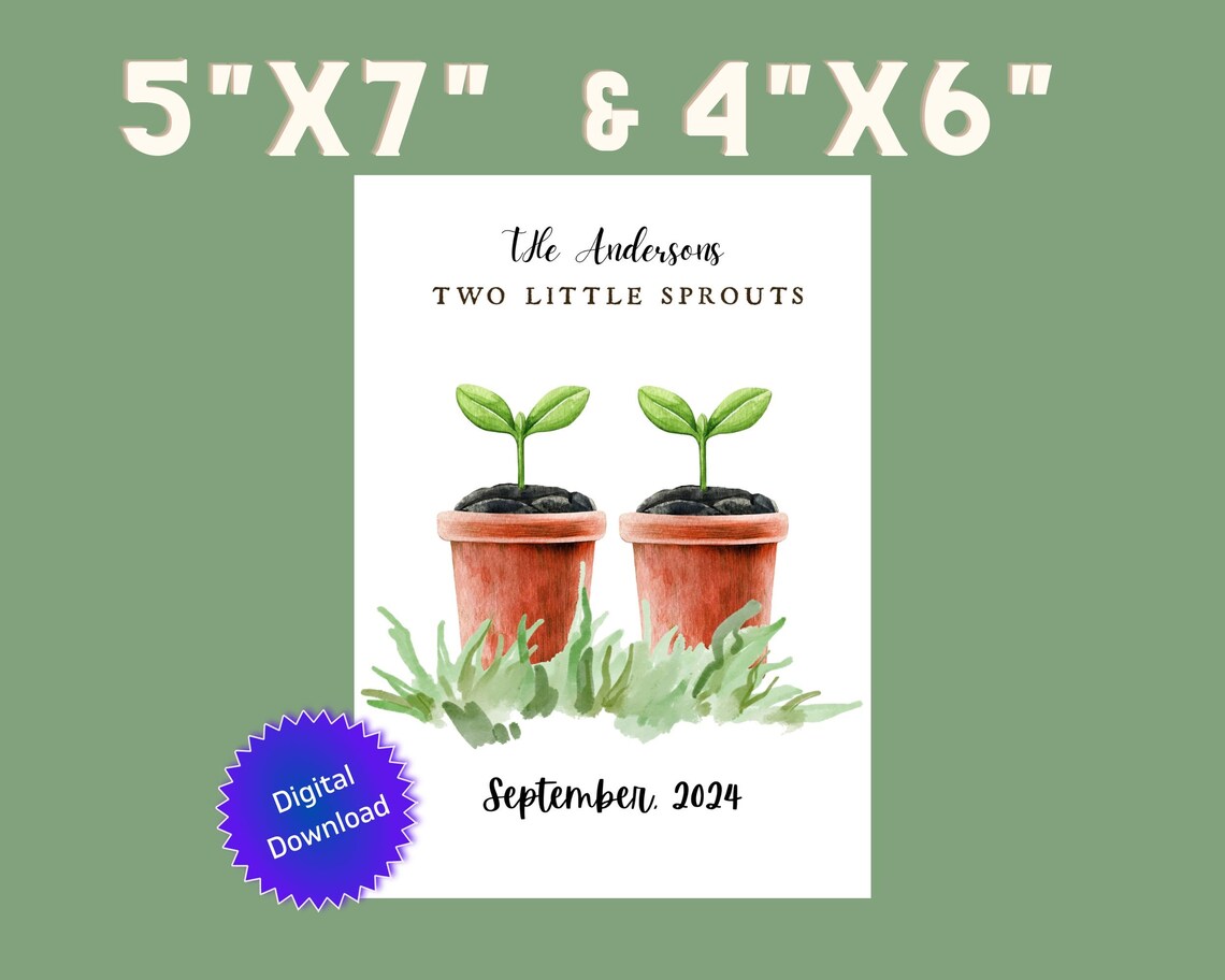 Gender Neutral Two Sprouts Twins Pregnancy Announcement Custom Template ...