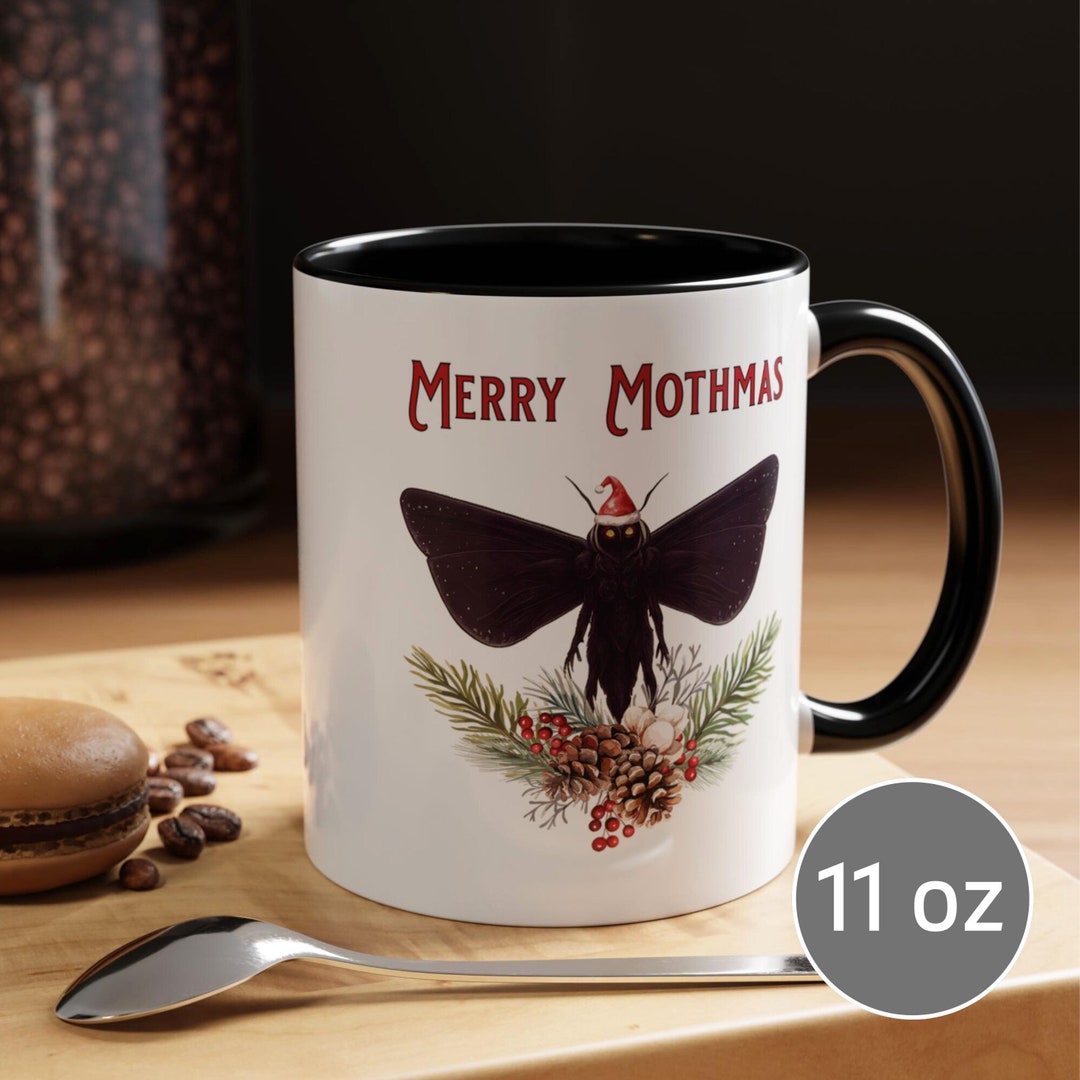 Mothman Christmas Cryptid Goth Holiday Mug Red or Black Accent Coffee ...