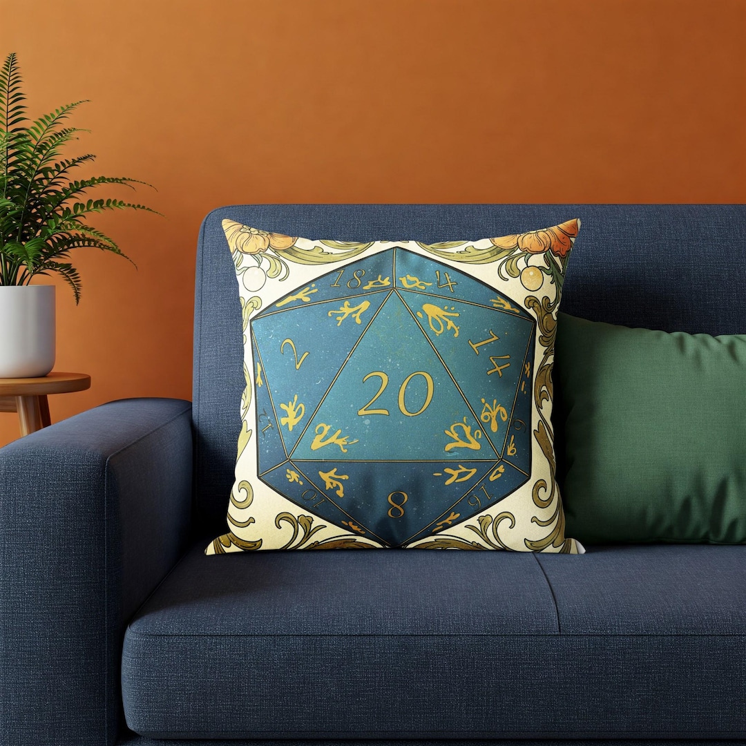 D20 Art Nouveau Inspired Dice Pillow, Elegant Gaming Decor, RPG Themed ...