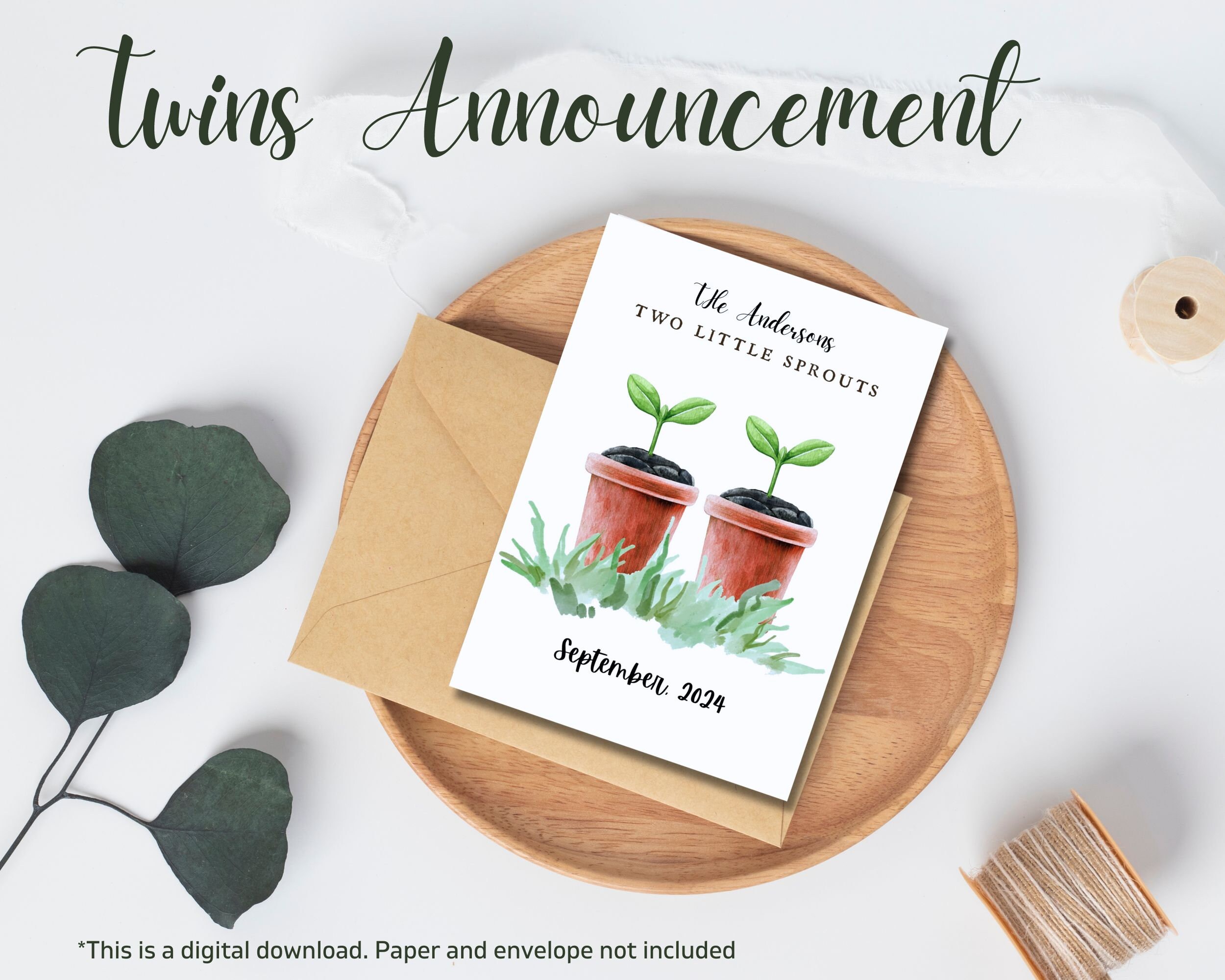 Gender Neutral Two Sprouts Twins Pregnancy Announcement Custom Template ...