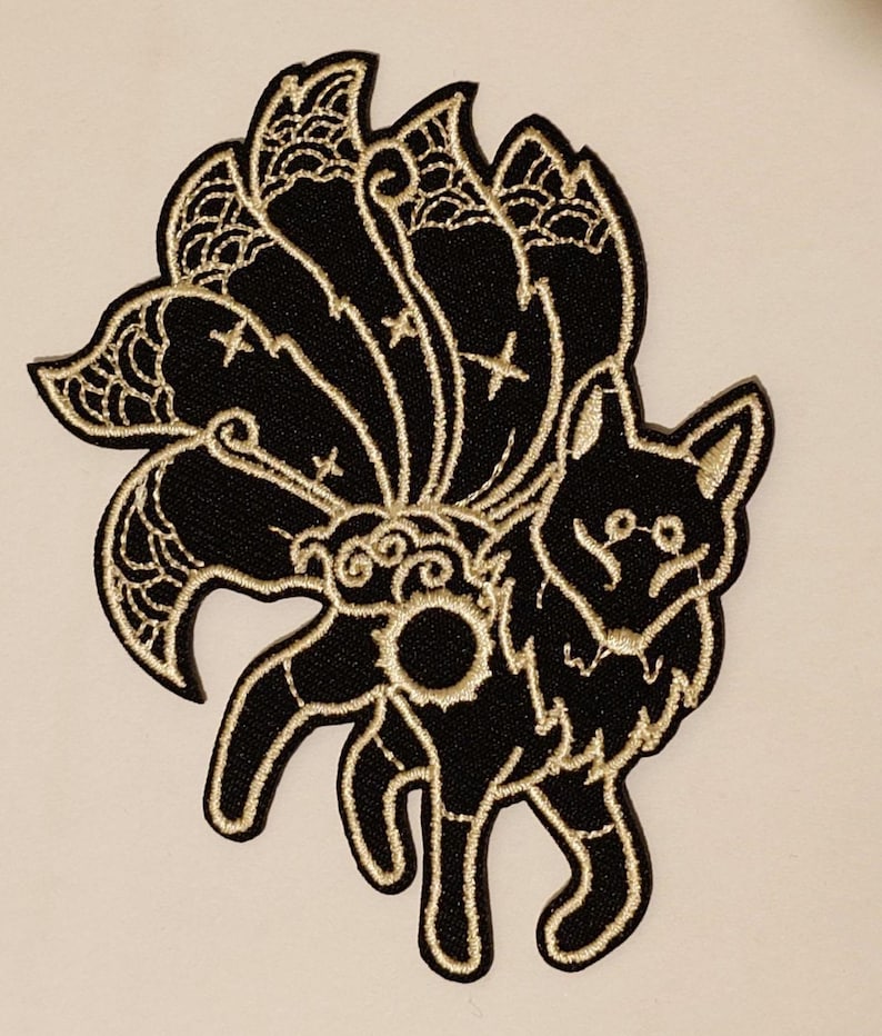 Black Solar Sun Kitsune 9 Tailed Mythical Fox Sew or Iron on Patch ...