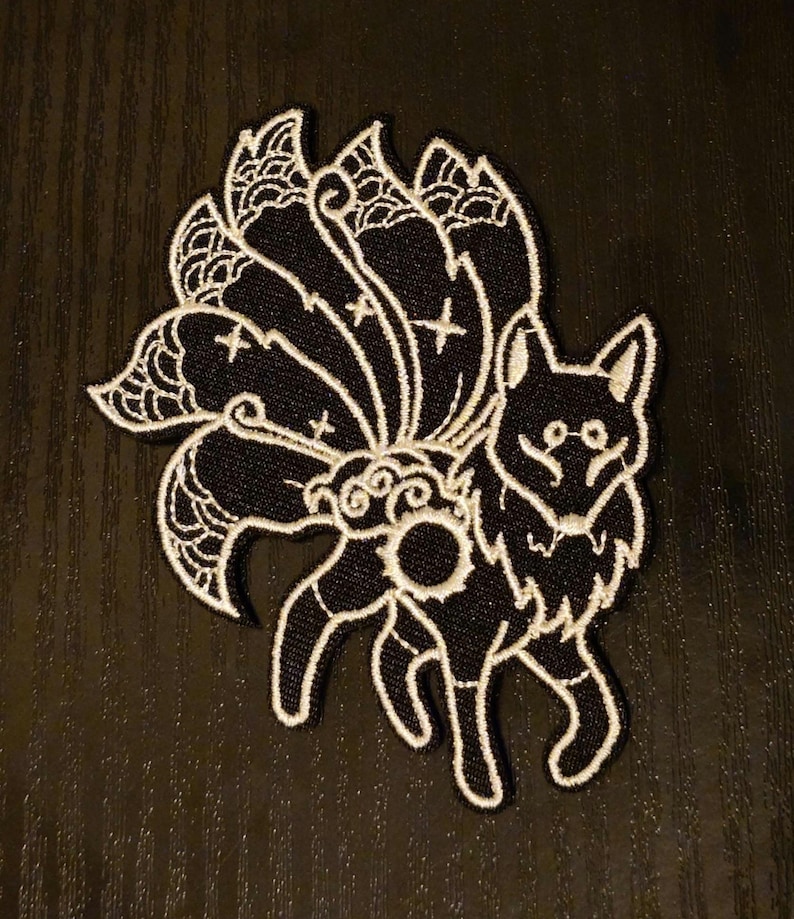 Black Solar Sun Kitsune 9 Tailed Mythical Fox Sew or Iron on Patch ...