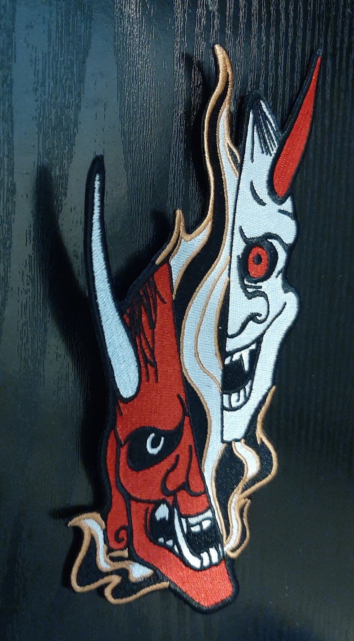 Large Red & White Japanese Oni Hannya Mask Sew / Iron on Patch Kijo Embroidered Cloth Badge ...