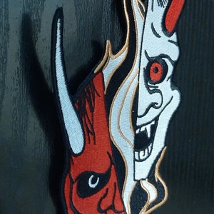 Large Red & White Japanese Oni Hannya Mask Sew / Iron on Patch Kijo Embroidered Cloth Badge ...