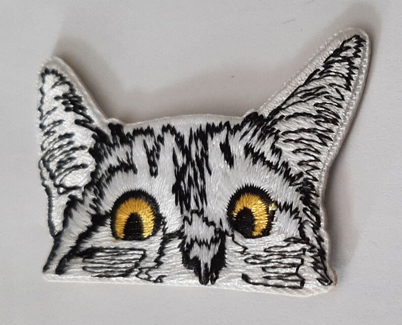 Peeking Silver Tabby Cat, Sew or Iron on Patch, Cute Curious Feline Yellow Eyes Cat Fun Cloth ...