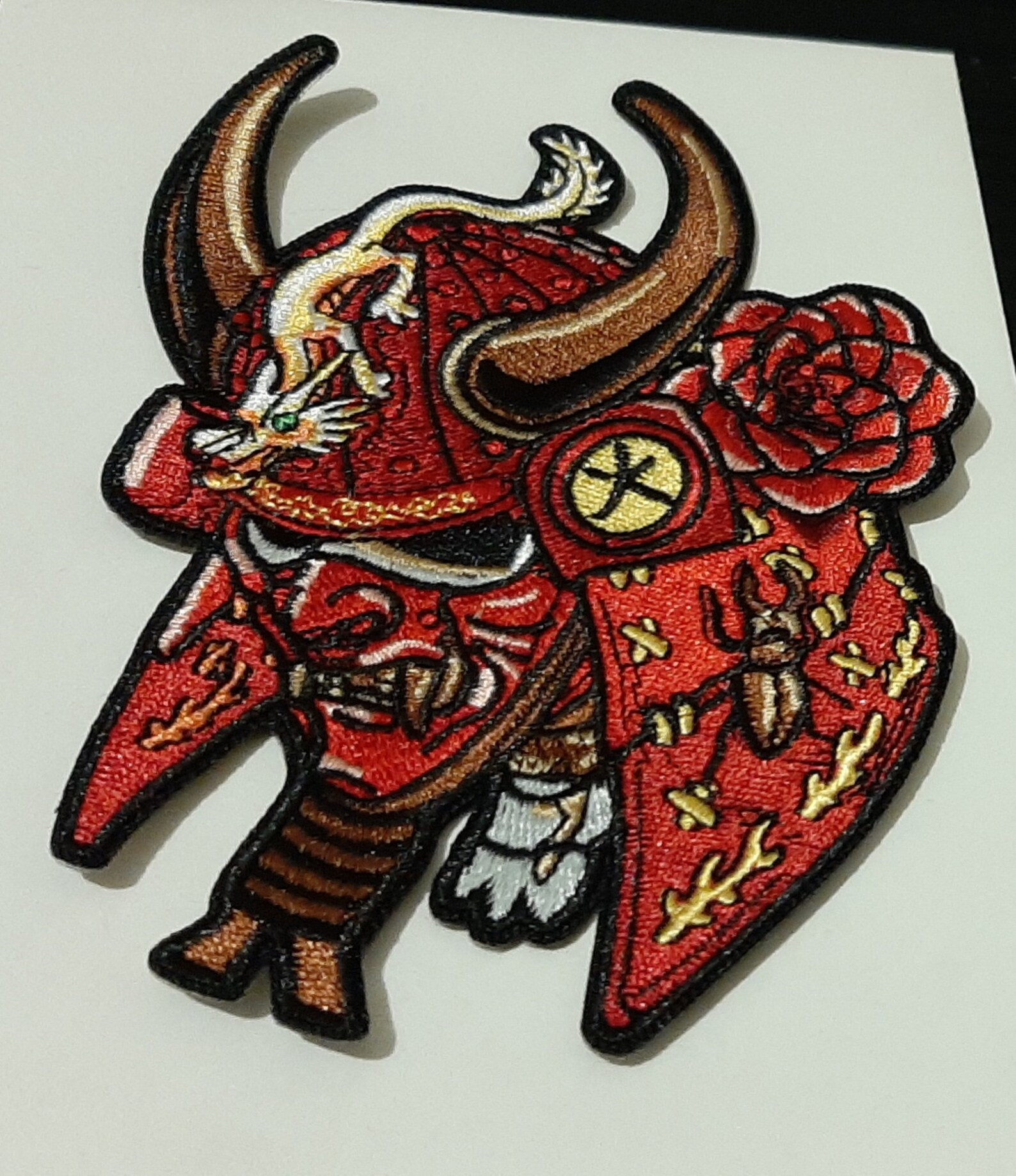 Red Japanese Samurai Warrior Head Sew or Iron on Patch With Beetle and ...