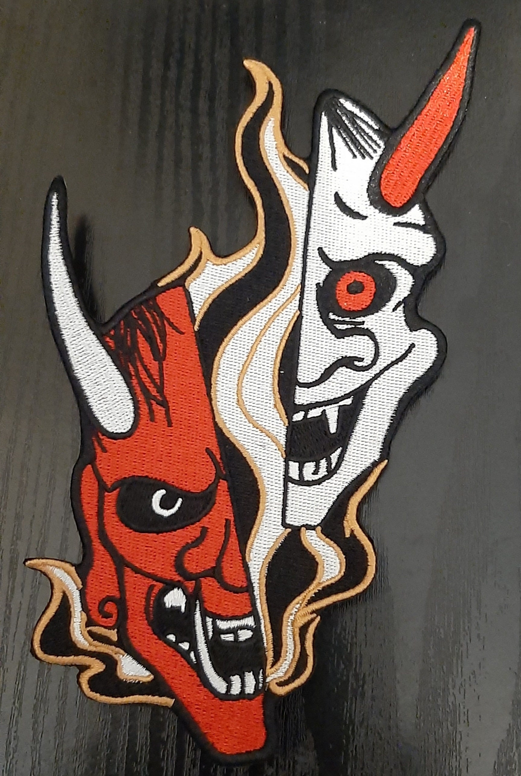 Large Red & White Japanese Oni Hannya Mask Sew / Iron on Patch Kijo Embroidered Cloth Badge ...
