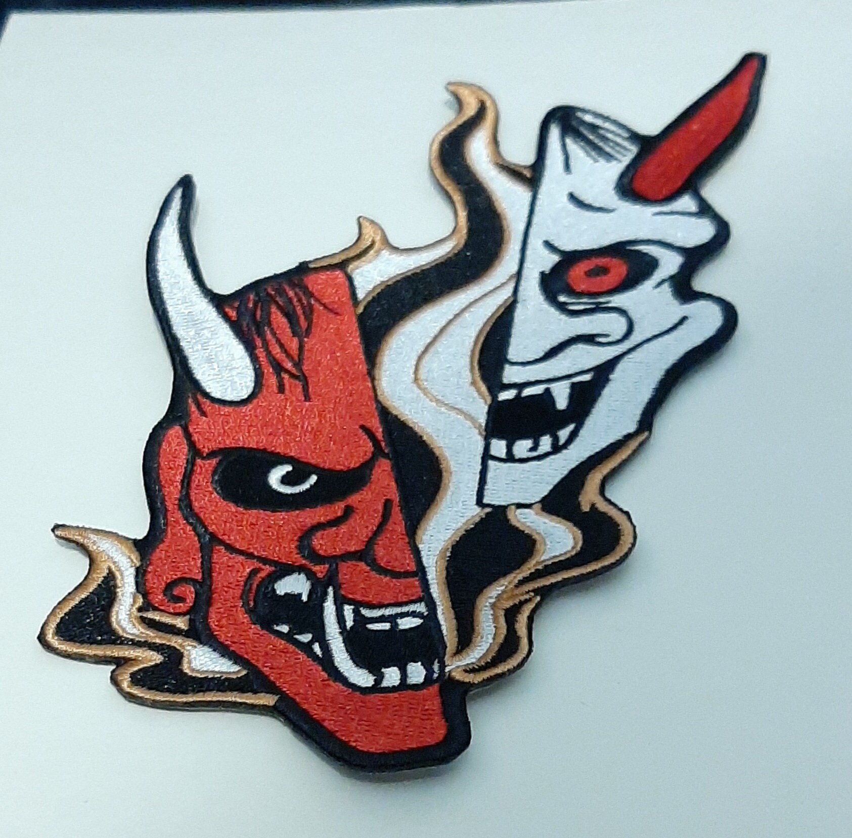 Large Red & White Japanese Oni Hannya Mask Sew / Iron on Patch Kijo Embroidered Cloth Badge ...