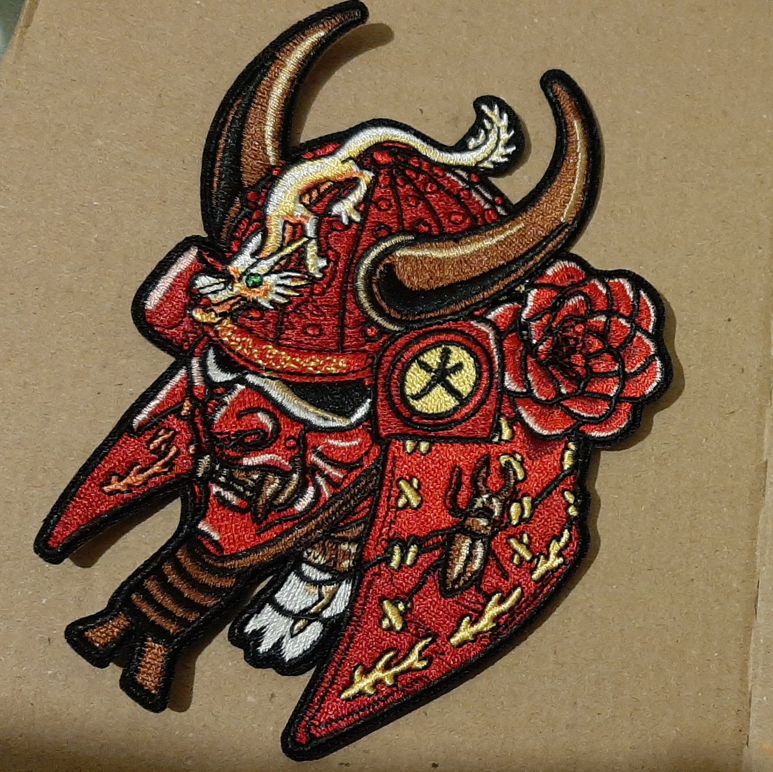 Red Japanese Samurai Warrior Head Sew or Iron on Patch With Beetle and ...