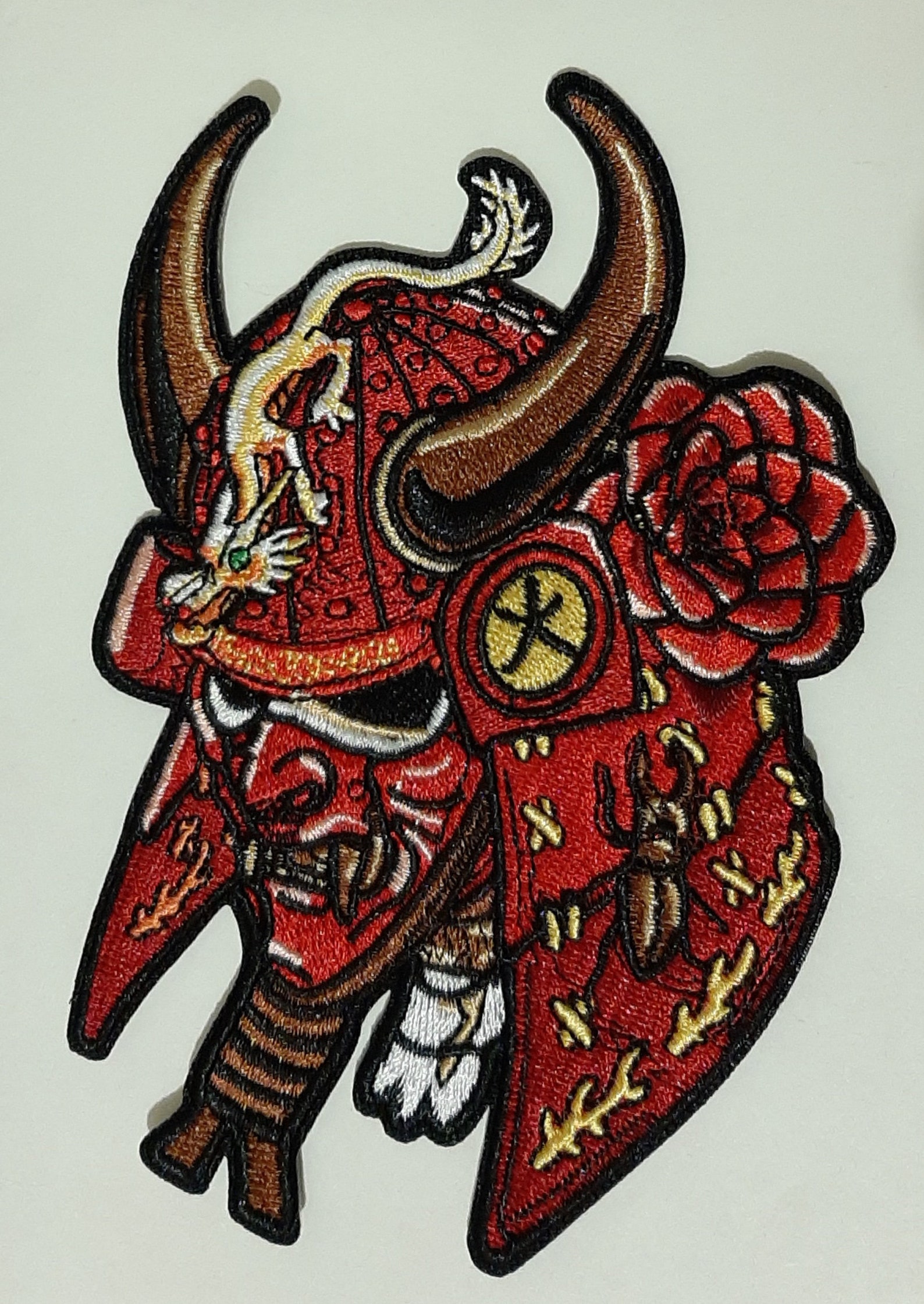 Red Japanese Samurai Warrior Head Sew or Iron on Patch With Beetle and ...