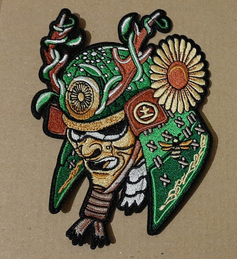 Green Japanese Samurai Warrior Head Sew or Iron on Patch With Bee an ...