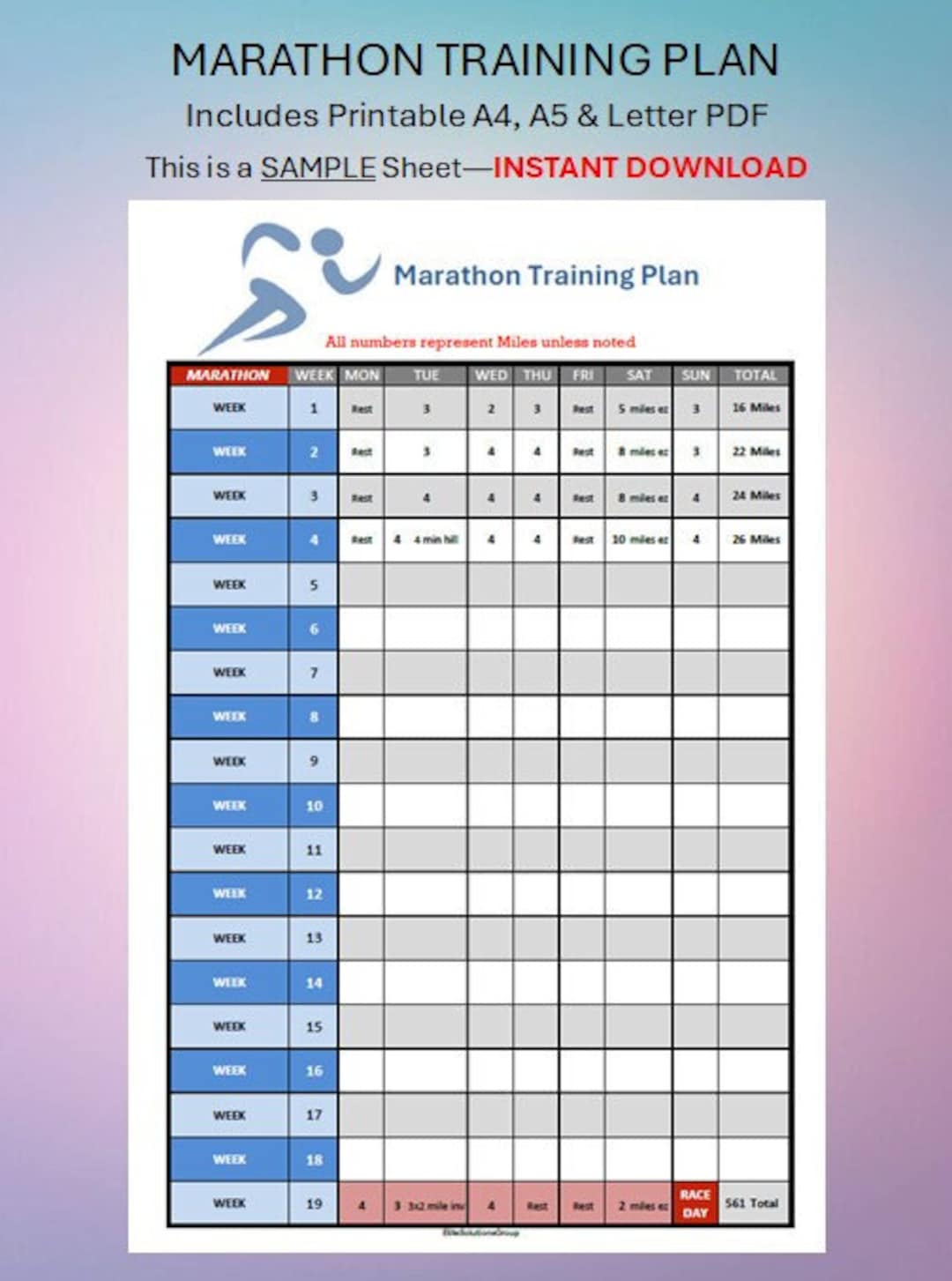 Running or Walking Marathon Weekly Training Plan - Etsy