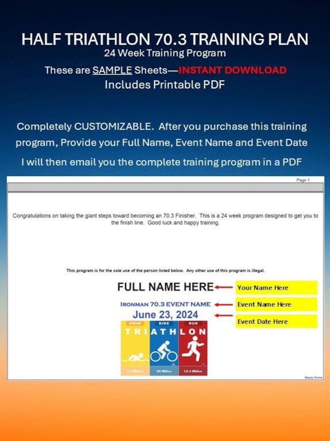 Half Iron 70.3 Training Program, 24 Weeks Program, Triathlon Training ...