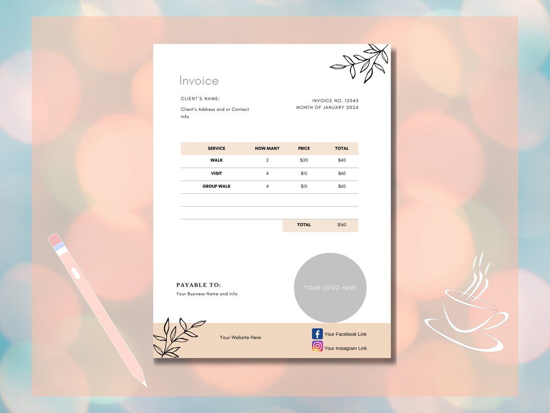 Invoice Template Invoice for Dog Walker Custom Invoice Small Business ...