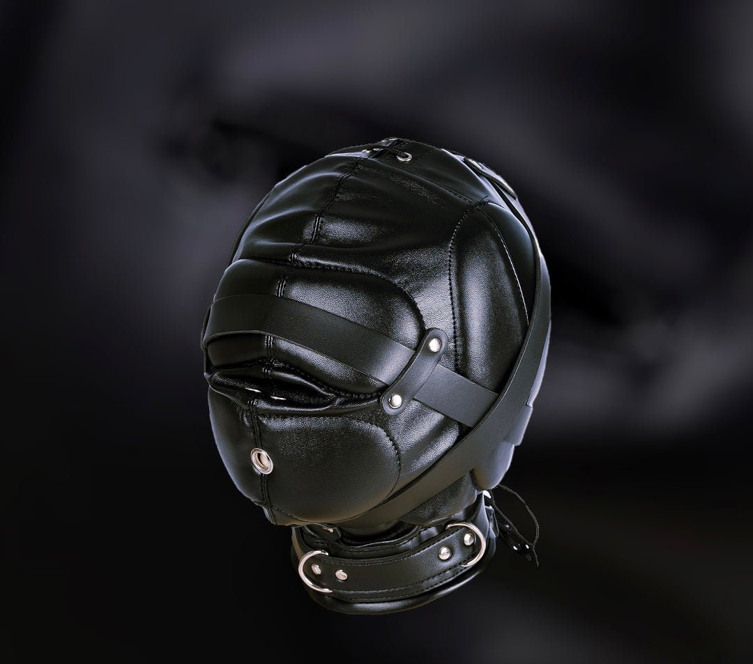 Black Leather Costume Padded Sensory Deprivation Mask Hood Reenactment ...