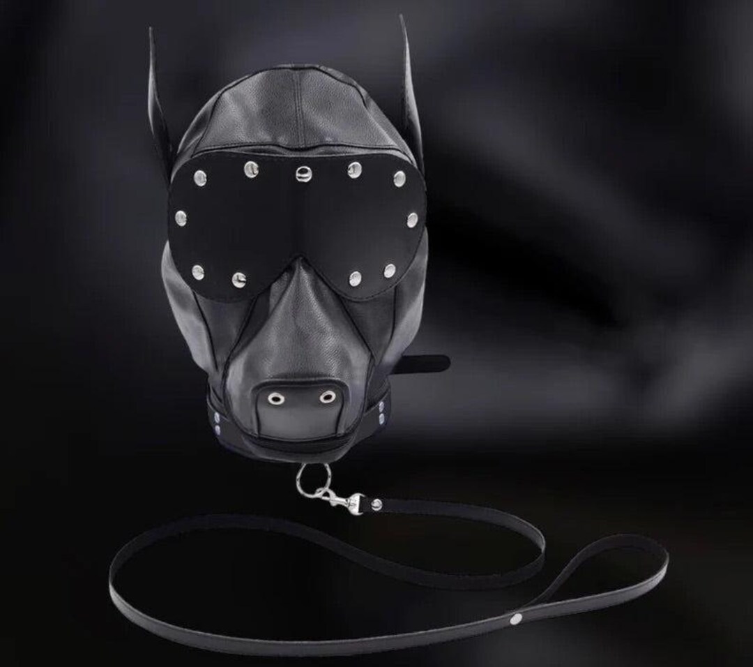 Black Leather Costume Sensory Deprivation Dog Head Mask Hood ...