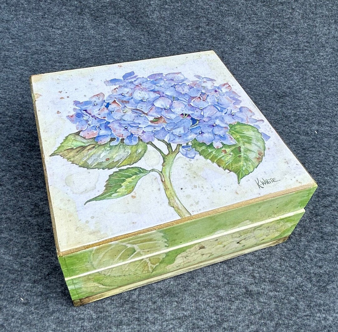 Blue Hydrangea Square Decoupage Wood Box Hand Cut Paper Wrapped Hinged ...