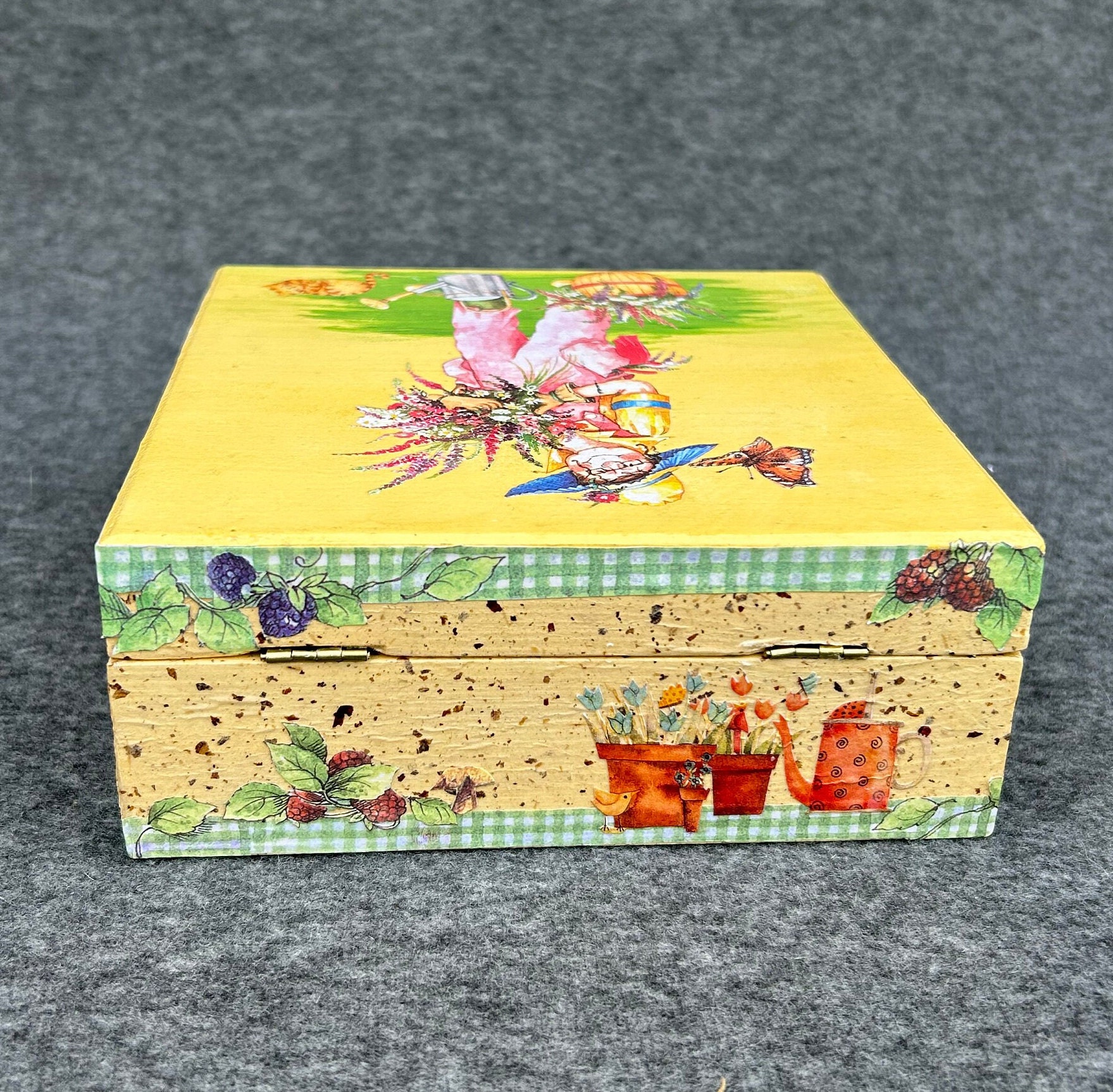 Garden Theme Square Decoupage Wood Box - Hand Cut - Paper Wrapped ...