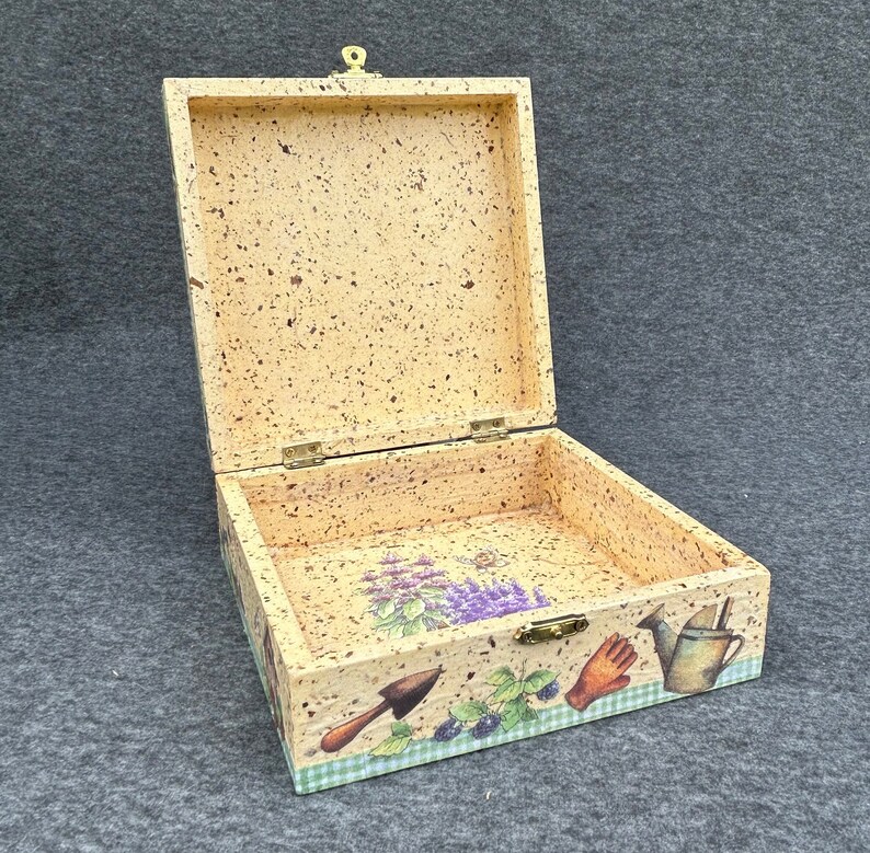 Garden Theme Square Decoupage Wood Box - Hand Cut - Paper Wrapped ...
