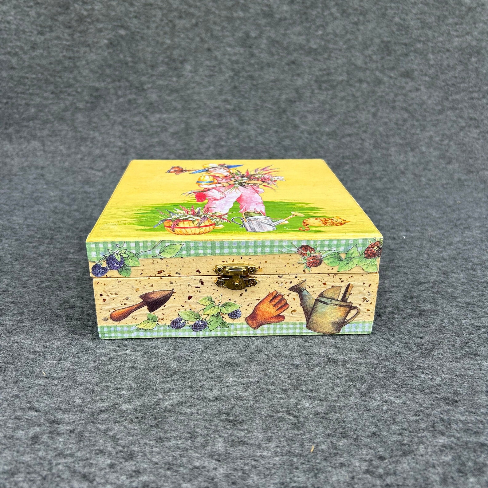 Garden Theme Square Decoupage Wood Box - Hand Cut - Paper Wrapped ...