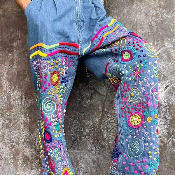 Embroidered Jeans - Etsy