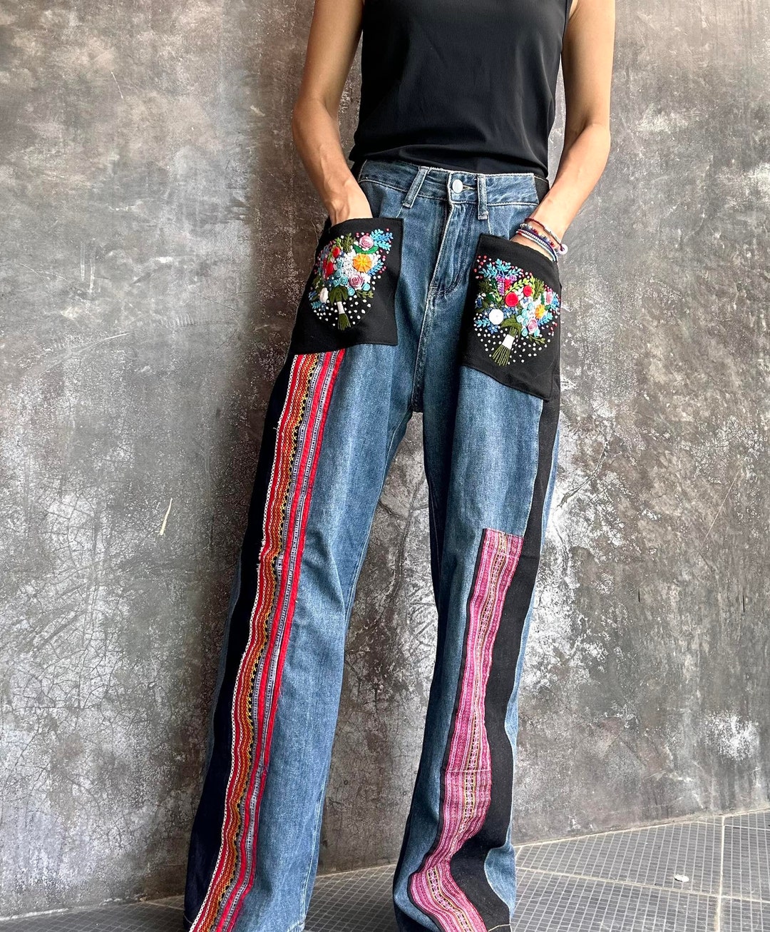 Remake Jeans, Patchwork Jeans, L Size Jeans, 30 Inch-waist Jeans, Embroidered Patches Jeans ...