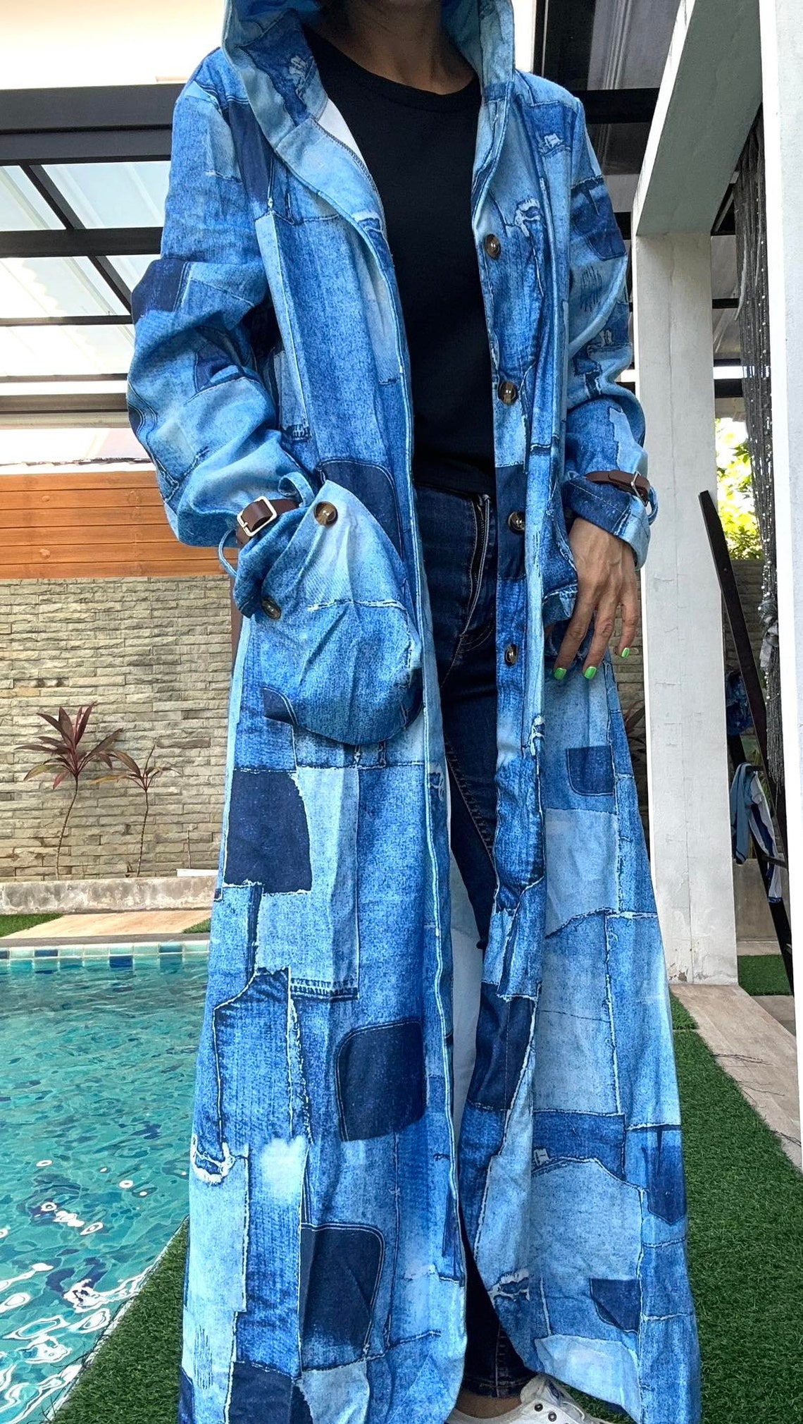 Long Coat, Thin Coat, Coat With Hoodie, Jean Pattern Coat, Vintage Coat ...