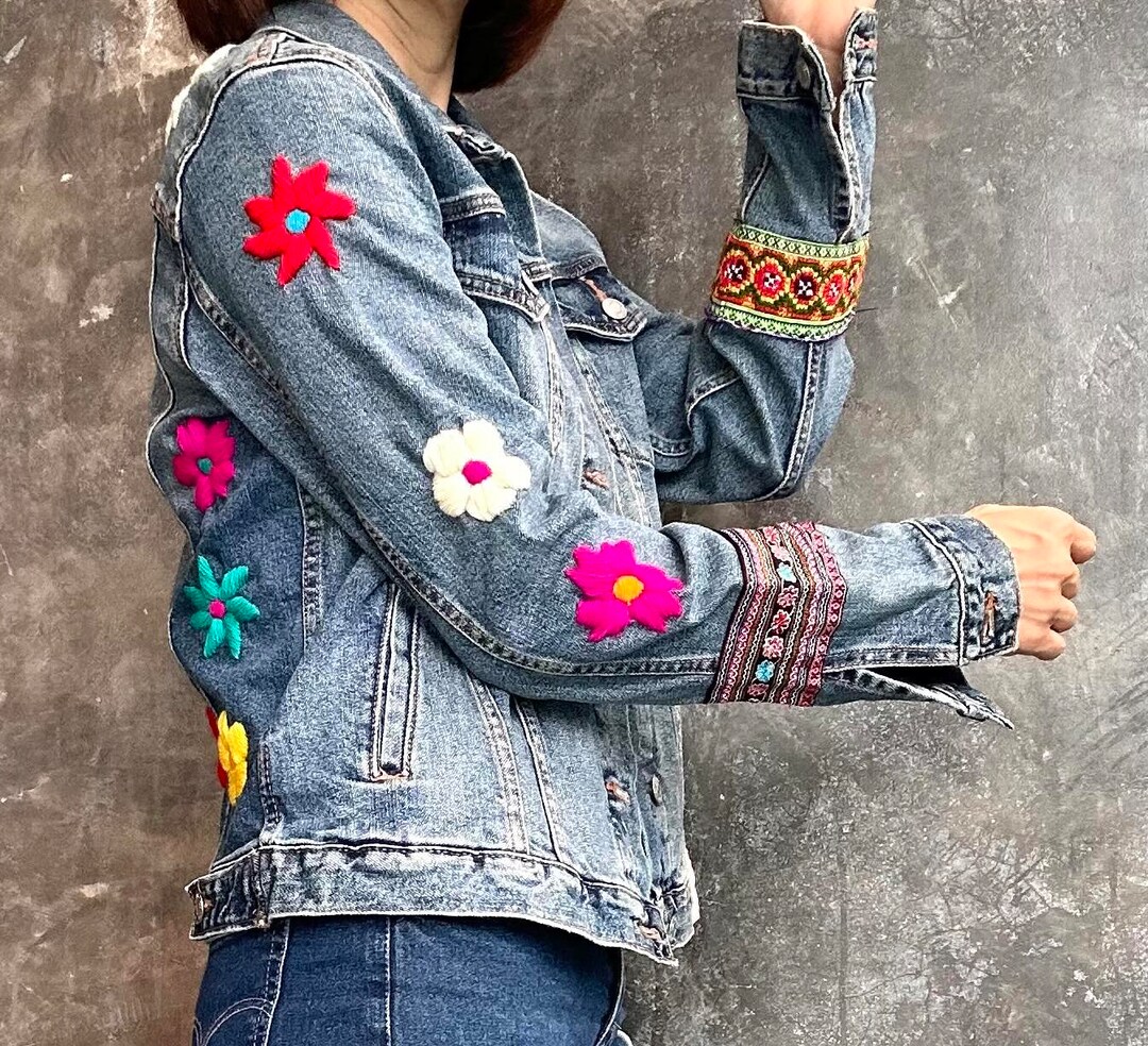 Floral Embroidered Denim Jacket, Decorated With Ethnic Patches on ...