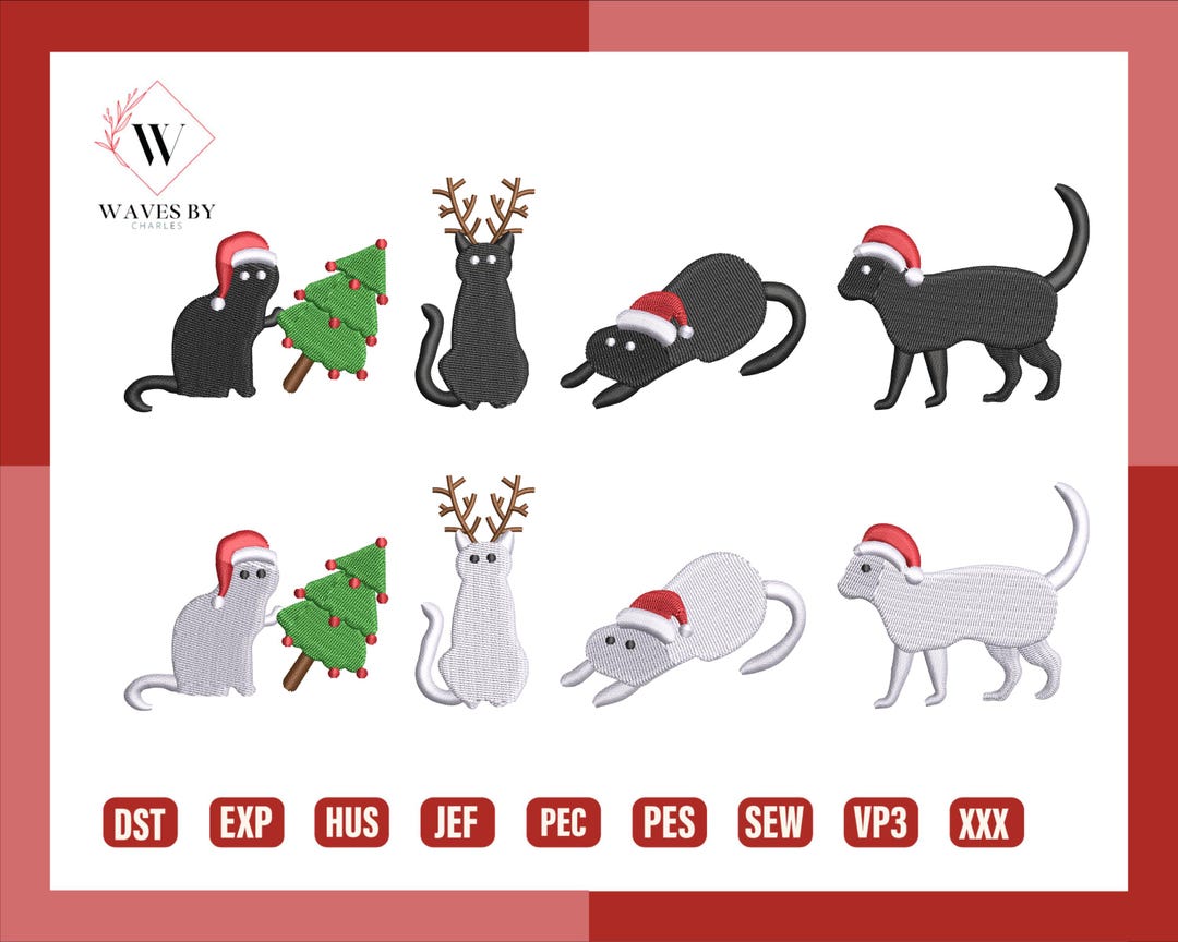 Christmas Cats Embroidery, Machine Embroidered, Digital Patterns, Xmas ...
