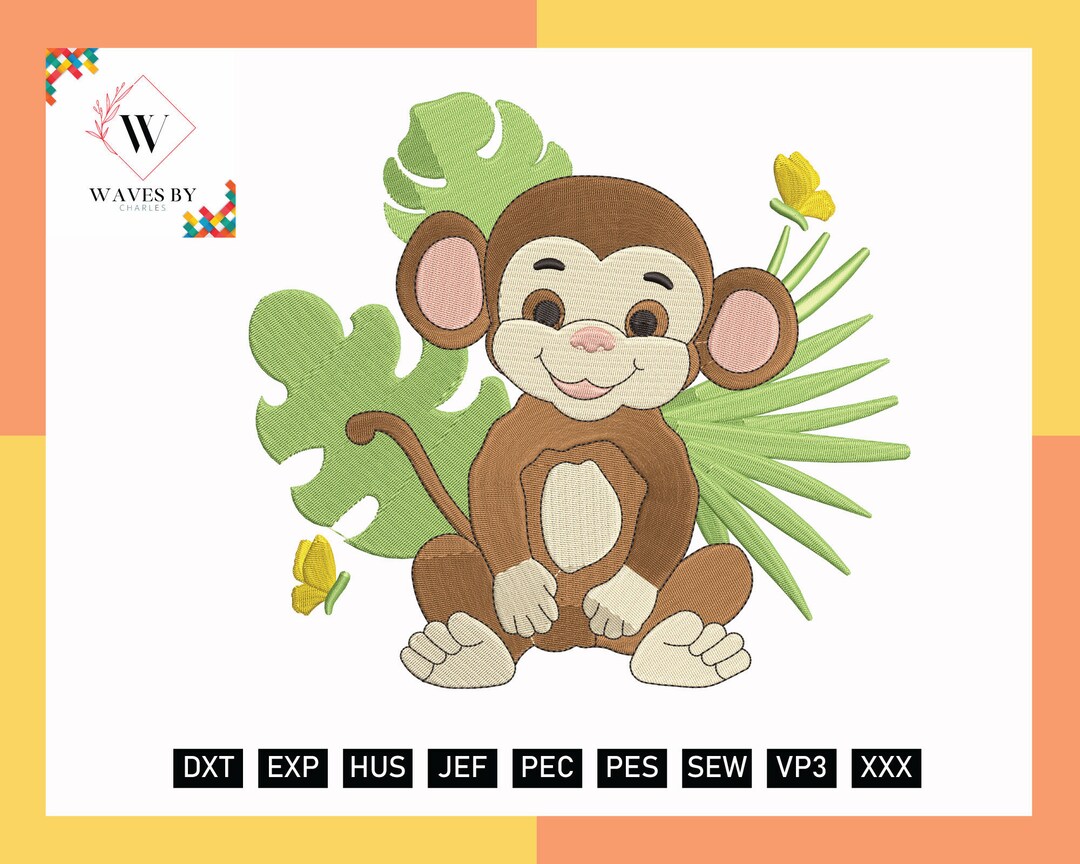 Happy Monkey Machine Embroidery Files, Baby Monkey Embroidery Design ...