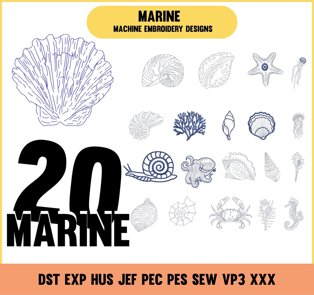 20 Marine Sea Embroidery Designs, Sea Shells/jelly Fishes/ Crap ...