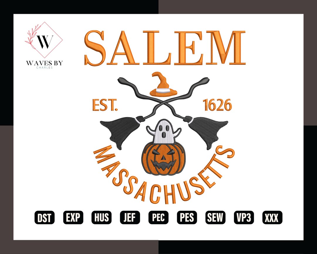 Salem Massachusetts Embroidery Design, Halloween Est 1626 Machine ...