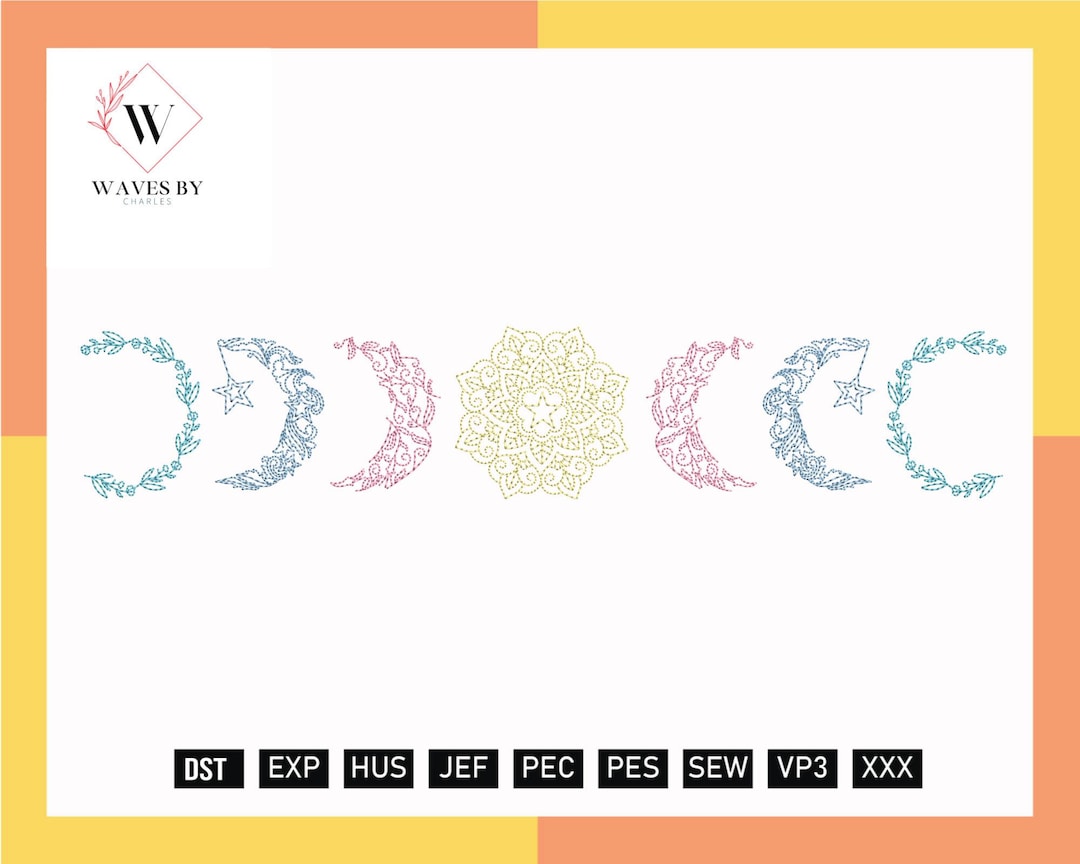 Crescent Floral Moon Phases Embroidery, Digital Machine Embroidered ...