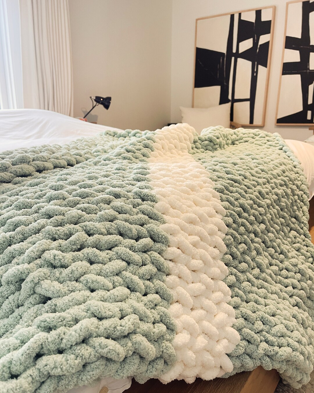 Mint & Cream Chunky Knit Blanket - Etsy
