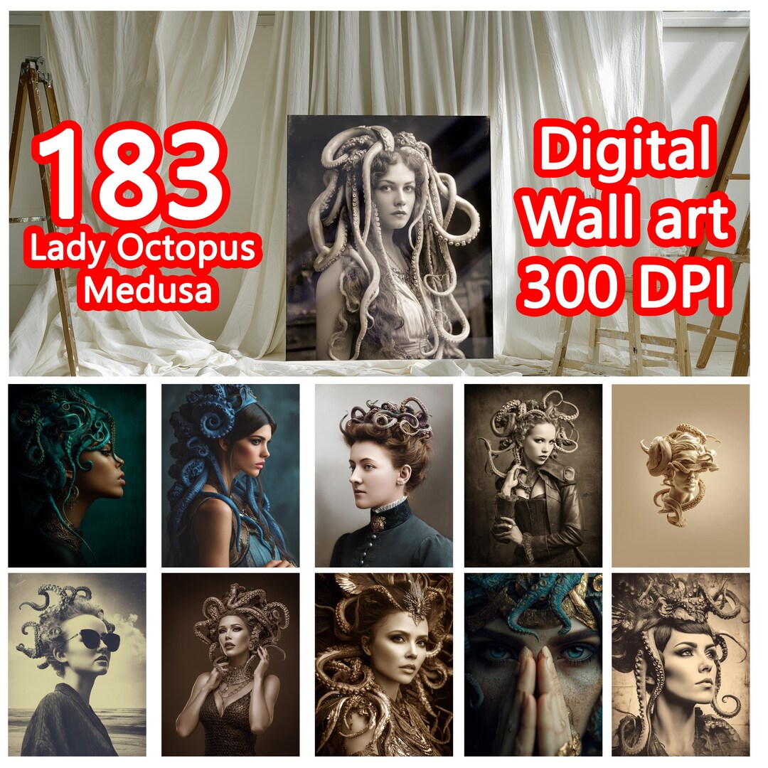 183 Tentacle Crown, Octopus Lady Medusa Digital Print, Vintage AI Wall ...