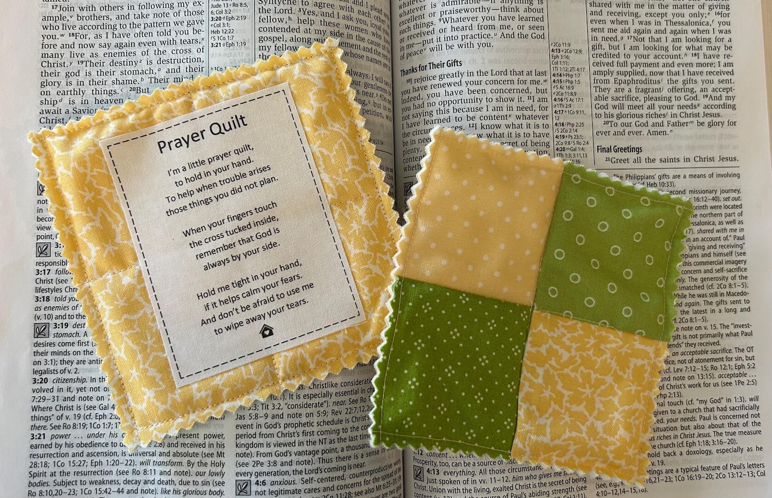 Mini Prayer Quilt | Green & Yellow | Pocket Prayer Quilt With Wooden or ...