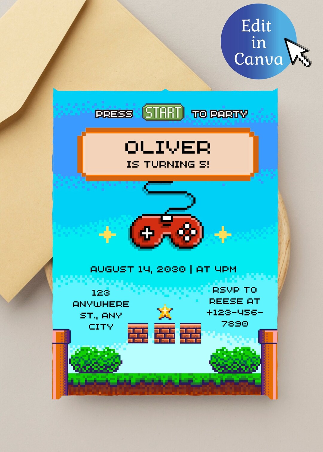 Editable Birthday Invitation, Retro Pixel Gamer, Boy and Girl ...