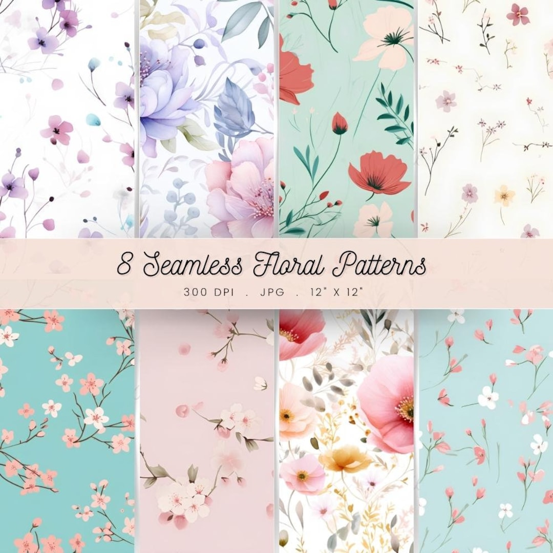 8 Floral Watercolor Seamless Pattern Bundle, Floral Backgrounds, Floral ...
