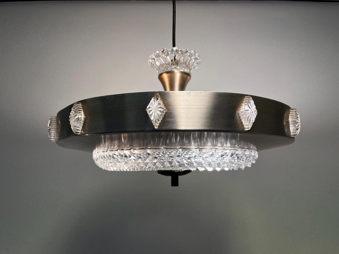 1970s Vintage Pendant Lamp With Aluminum & Glass, Ornamental Rim ...
