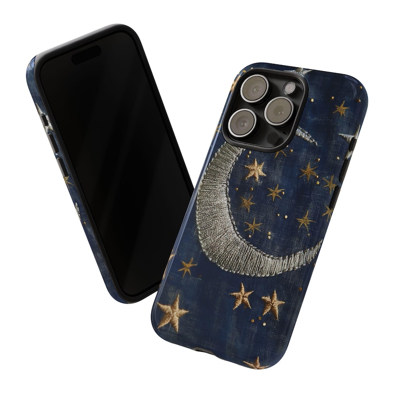 Crescent Moon Stars Phone Case: Celestial Embroidery-look Design - Etsy
