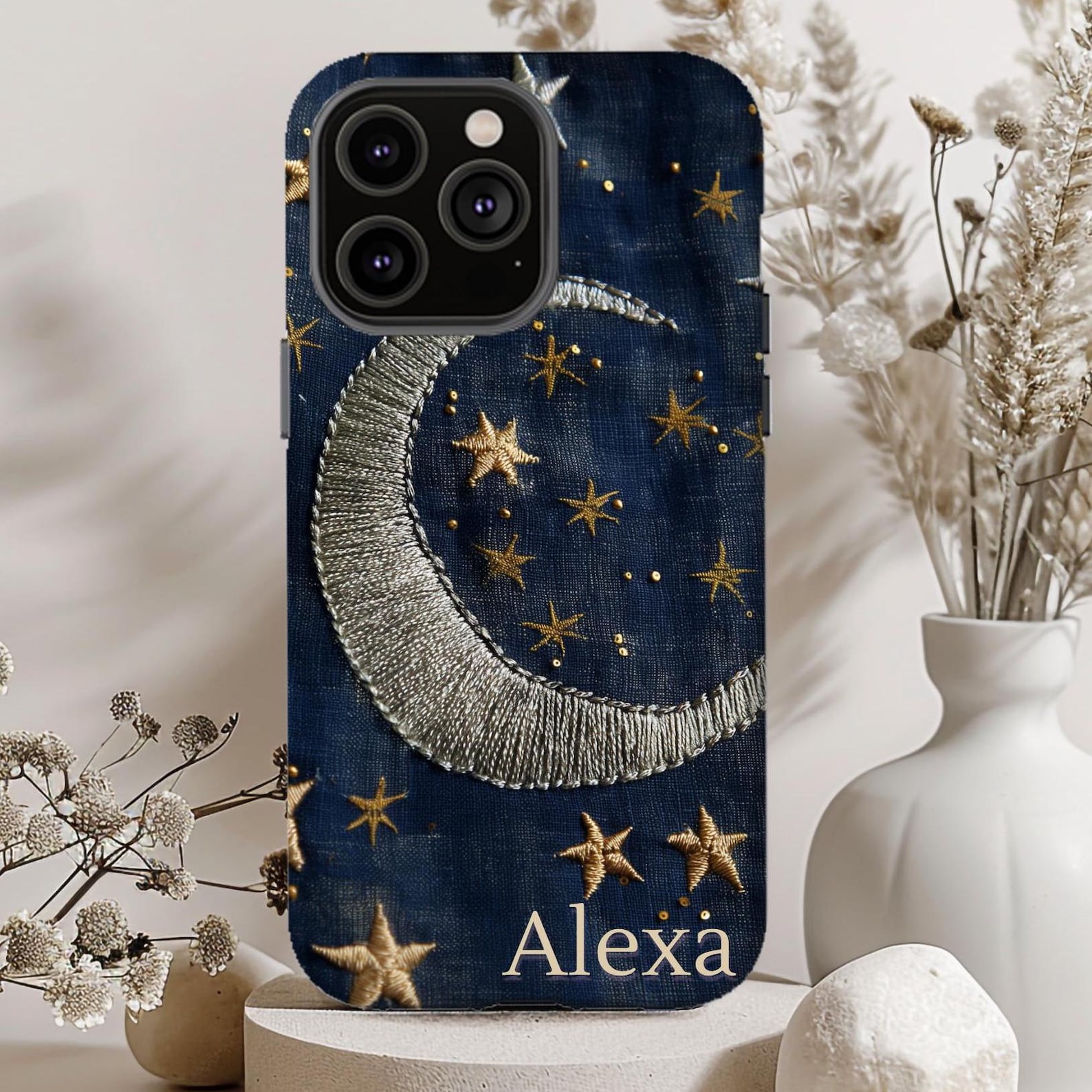 Crescent Moon Stars Phone Case: Celestial Embroidery-look Design - Etsy